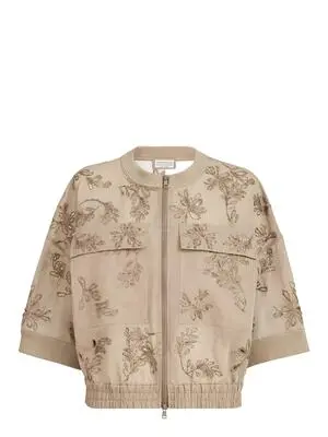 Brunello Cucinelli Embroidered Cotton Organza Bomber Jacket - Beige