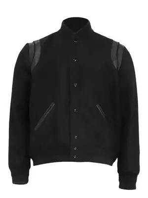 Saint Laurent Wool Leather Trimmed Teddy Bomber Jacket - Black