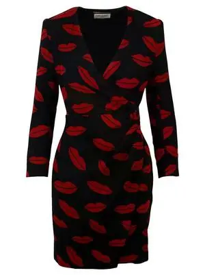 Saint Laurent Silk Lips Print V-neck Wrap Dress - Black