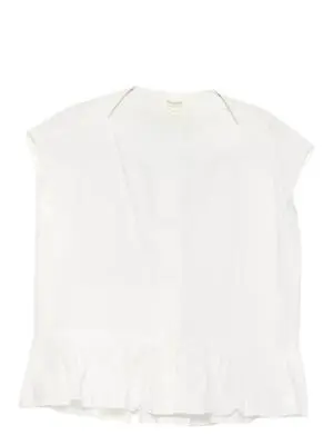 PSOPHIA V-neck Cotton Blouse With Ruffled Hem - White