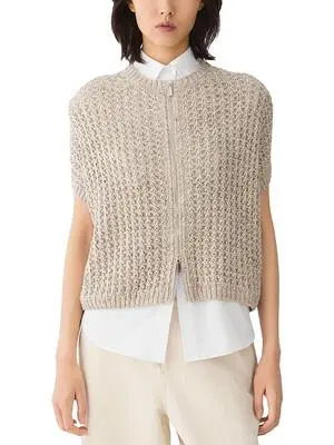 Lafayette 148 New York Flax Linen Cotton Open Knit Zip-up Vest - Sandstone
