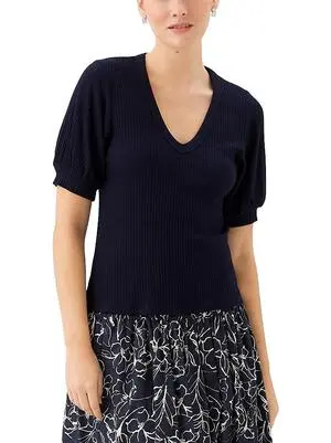 Karen Kane Ribbed Puff Sleeve Top - Navy