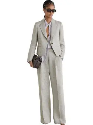 REISS Ezra Petite Herringbone Linen-blend Cropped Suit Blazer - Neutral