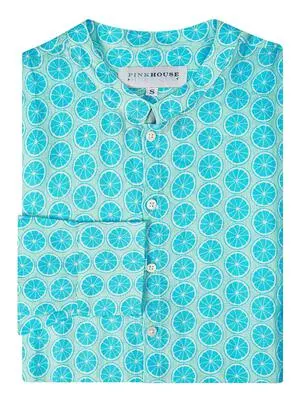 PINK HOUSE Blue Linen Collarless Shirt Lime Slice
