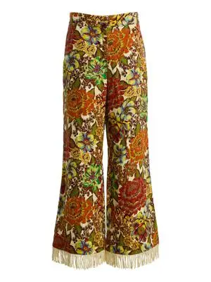 ALEMAIS Lana Fringed Floral Linen Flare Pants - Multi