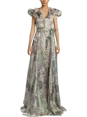 MIAU BY CLARA ROTESCU Irina Snakeskin-print Ruffled Gown - Neutrals