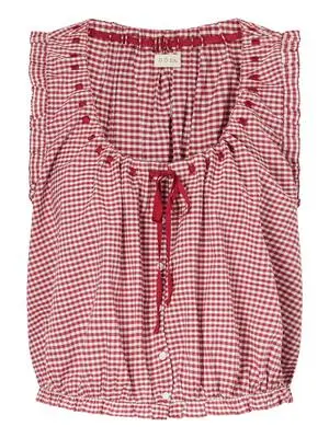 DÔEN DÔEN Traveler Gingham Organic Cotton Blouse With Ruffle Trim Red