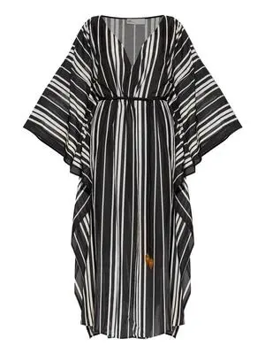 Tory Burch Long Striped Kimono Dress With Braided Belt - Black