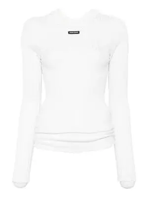 Miu Miu Ribbed Knit Long Sleeve Top With Ruffled Neckline - Multicolor