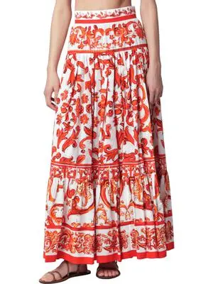 Dolce & Gabbana Long Printed Cotton Poplin Skirt - Orange