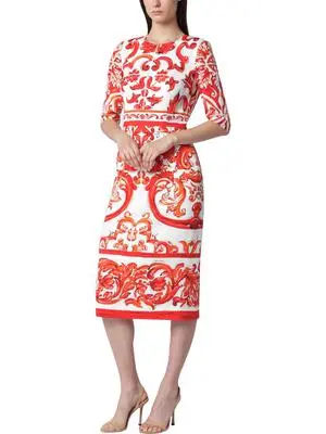 Dolce & Gabbana Fitted Silk Charmeuse Maiolica Print Dress - Orange