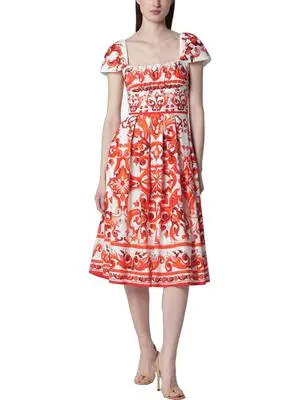 Dolce & Gabbana Maiolica Print Cotton Poplin Dress - Orange