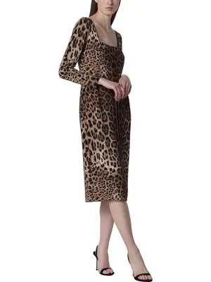 Dolce & Gabbana Leopard Print Long Sleeve Viscose Dress - Brown