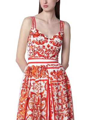 Dolce & Gabbana Maiolica Print Charmeuse Bustier Top - Orange