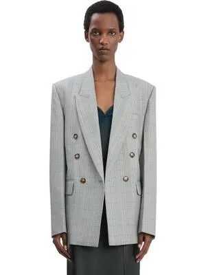 Victoria Beckham Wool Double Breasted Tailored Jacket - Blue-grey Check