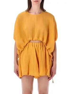 120% Lino Linen Cropped Top With Crew Neck And Short Sleeves - Orange