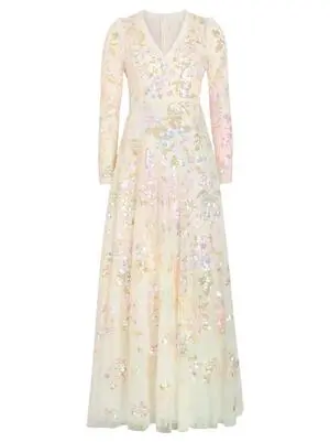 NEEDLE & THREAD Sequin-embellished Floral-print Maxi Dress - Neutrals