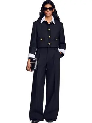 Sandro Striped High-waisted Wide-leg Trousers - Black