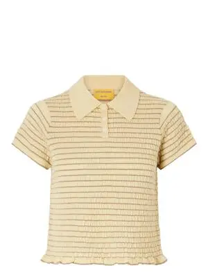 Guest In Residence Smocked Ruffled Striped Cashmere-blend Polo Sweater - Yellow