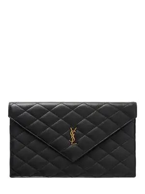 Saint Laurent Grain De Sable Quilted Leather Clutch With Logo Embellishment - Black