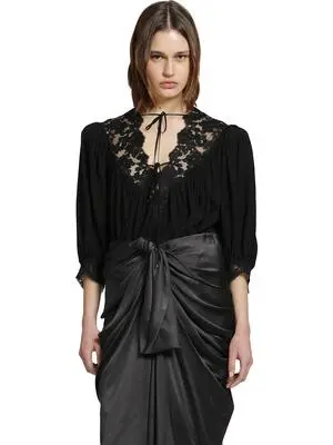 Chloé Fluid Puff Sleeve Top With Lace Accents - Black