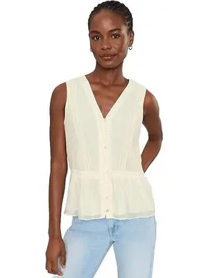 Vince Camuto Sleeveless V-neck Lace Trim Peplum Top - White