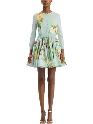 Oscar De La Renta Chiné Dominican Mixed-floral Threadwork Cardigan - Blue