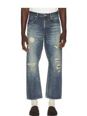 BEAMS 5 Pocket Classic Denim Repair Jeans - Blue