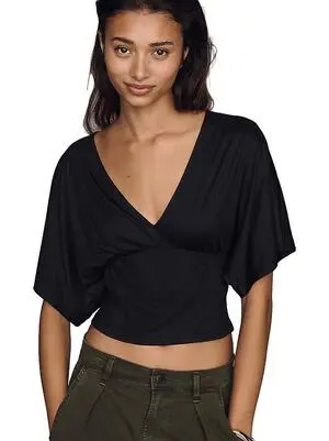 Anthropologie Silken Flutter Sleeve Crop Top - Black