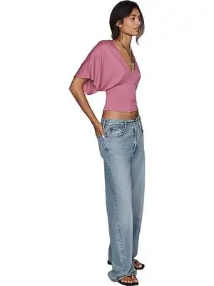 Anthropologie Silken Flutter Sleeve Crop Top - Red Violet
