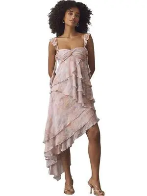 Bhldn Ruffle Chiffon Asymmetrical Hem Midi Dress - Purple Pattern