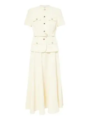 SELF-PORTRAIT Belted Tailored Crepe Midi Dress - Yellow