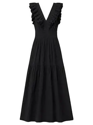 RO&ZO Ruffle V-neck Cotton Maxi Dress - Black