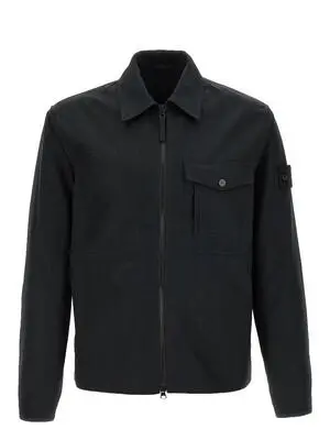 Stone Island STONE ISLAND Zip-Up Long Sleeve Organic Cotton Shirt With Appliqué Logo Black