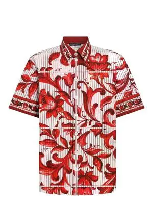 Dolce & Gabbana Majolica-print Striped Poplin Hawaii Shirt - Red