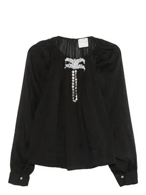 FORTE_FORTE Palm Tree" Embellished Keyhole Neck Blouse - Black