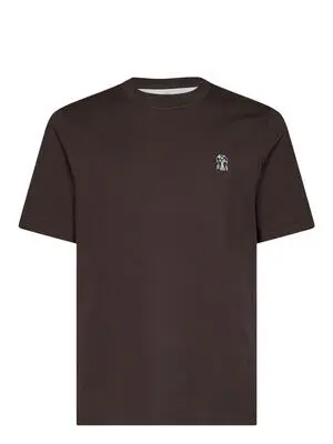 Brunello Cucinelli Dark Brown Cotton Jersey Logo Crewneck T-shirt - Multicolor