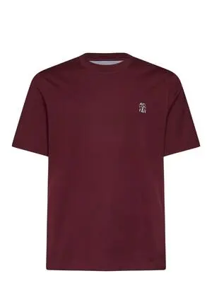 Brunello Cucinelli Burgundy Cotton Jersey Logo Crewneck T-shirt - Multicolor