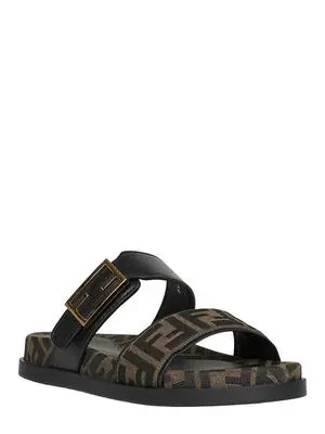 Fendi Ff Fabric And Leather Slide Sandals - Multicolor