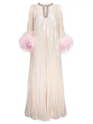 SELF-PORTRAIT Metallic Pleated Maxi Dress With Feather Cuffs - Multicolor