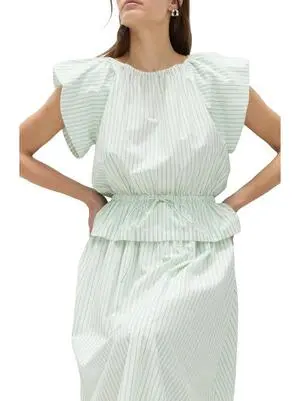 M&s Variegated Stripe Cotton Top With Statement Sleeves And Peplum Finish - Green/multi
