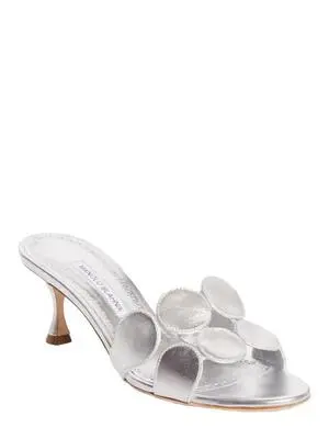 Manolo Blahnik Metallic Lambskin Kitten Heel Sandals - Silver