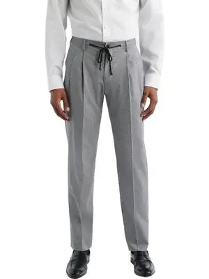Zanella Nova Grey Glen Check Pleated Wool & Cotton Drawstring Dress Pants - Navy