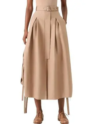 Akris Cotton Double Face Midi Skirt With Sculptural Pleats And Drawstring Ruching - Camel