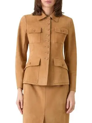 Akris Delia Fitted Goatskin Suede Jacket With Spread Collar And Utility Pockets - Camel