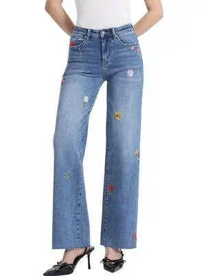 BAYEAS Embroidered Wide Leg Jeans - Medium Blue