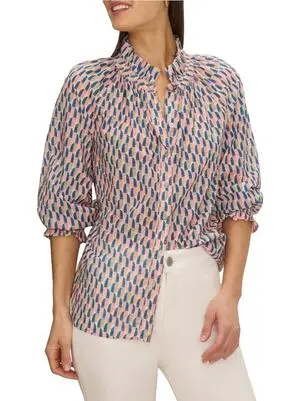 NIC+ZOE Cotton Crinkle Printed Button-up Shirt - Pink Multi