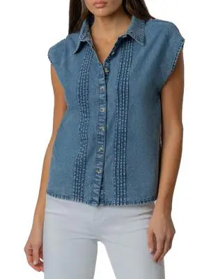 Kut From The Kloth Penelope Pintuck Cap Sleeve Denim Shirt - Beaming