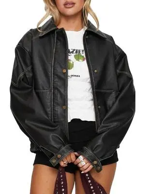Princess Polly Jaxton Faux Leather Bomber Jacket - Black