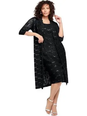 ROAMAN'S 3/4 Sleeve Formal Duster Sequin Embellished Lace Dress Set Black